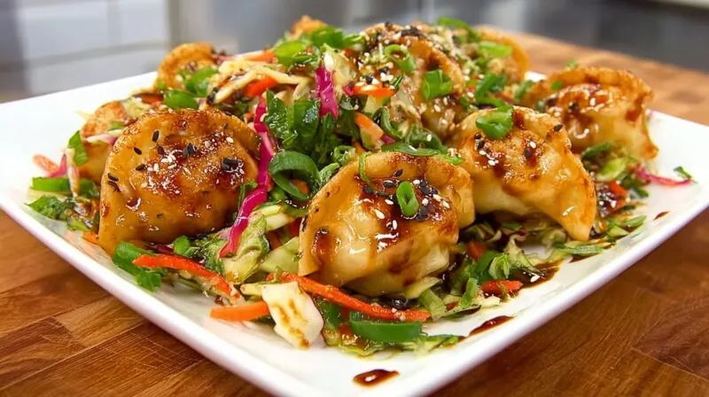 Crispy Dumpling Salad with Crunchy Slaw and Sweet Soy Glaze - Southern Parm