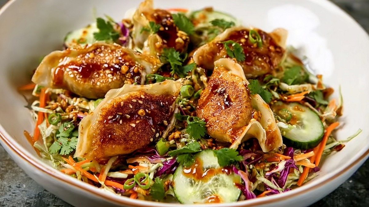 Crispy Dumpling Salad with Crunchy Slaw and Sweet Soy Glaze - Southern Parm
